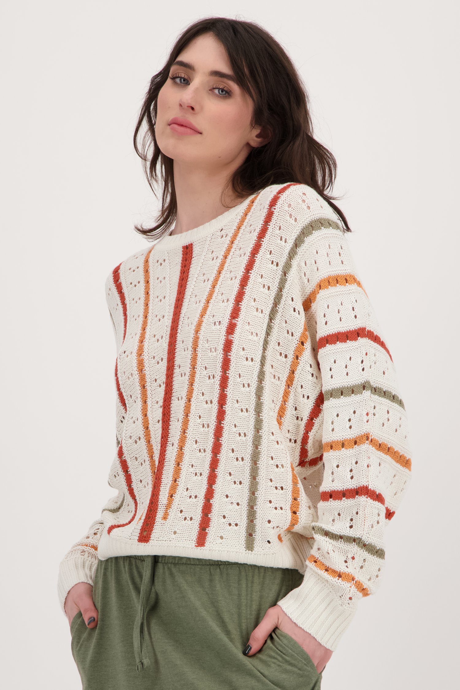 Ecru gehaakt truitje met ajour en rode strepen van JDY | 3238584 | e5