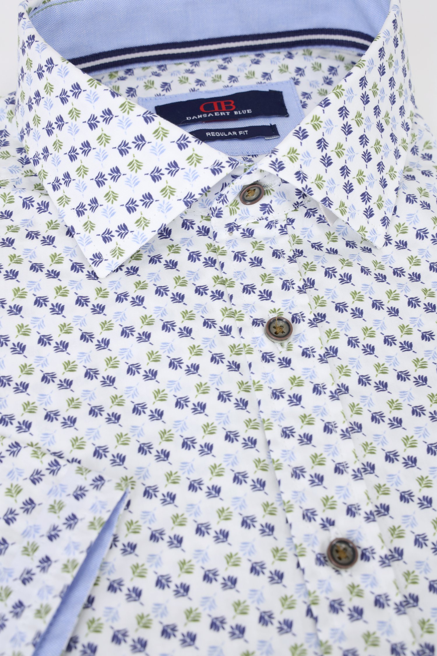 Wit hemd met groen-blauwe miniprint - Regular fit van Dansaert Blue ...