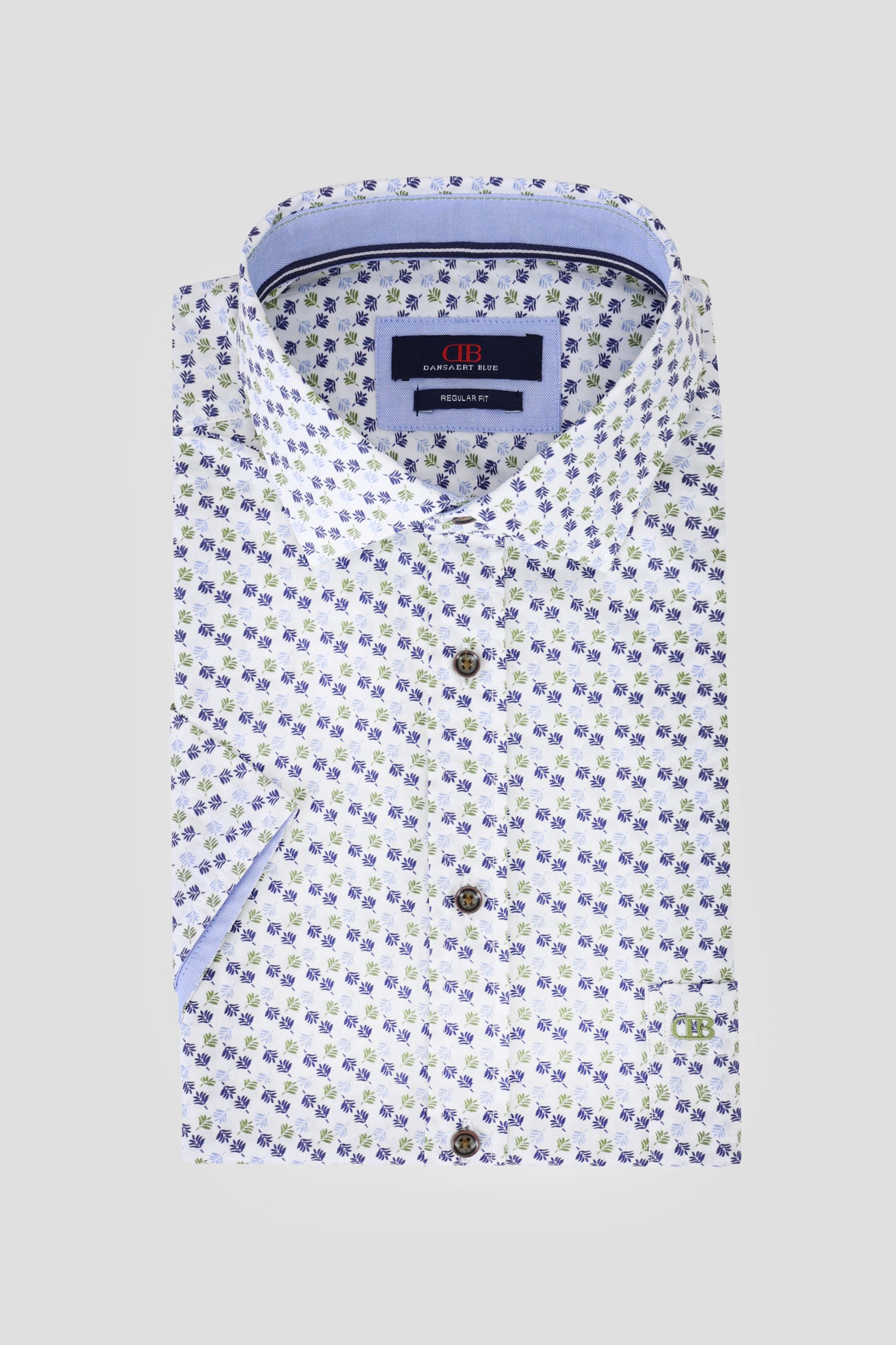 Wit hemd met groen-blauwe miniprint - Regular fit van Dansaert Blue ...